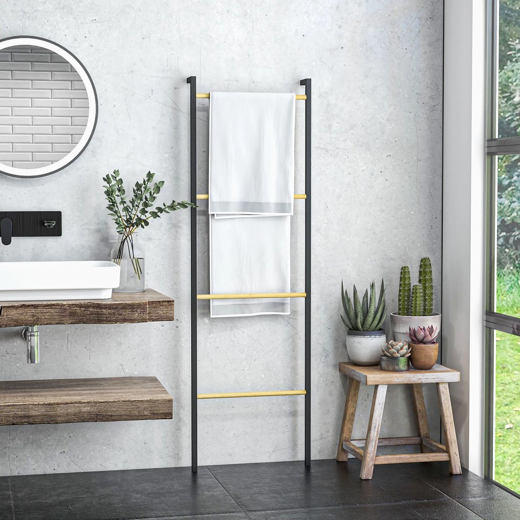 HOMCOM Žebřík na ručníky 49 x 167,5 cm Držák na ručníky se 4 tyčemi šetřící místo na ručníky oblečení deky noviny z oceli Černá