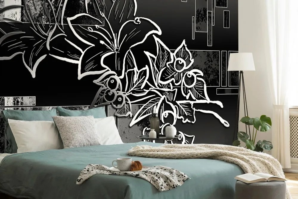Samolepící tapeta černobílá květinová ilustrace - 225x150 cm