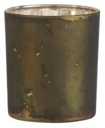 Skleněný svícen na čajovou svíčku v antik khaki zelené barvě - 7,5*7,5*8 cm