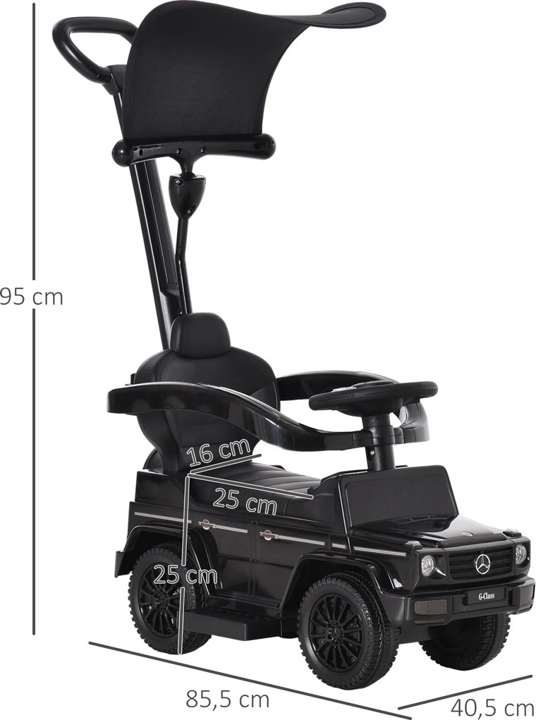 HOMCOM Posuvné autíčko s odrážedlem Mercedes-Benz G350 posuvné autíčko s volantem 3 v 1 pro děti od 18 do 36 měsíců Černá barva