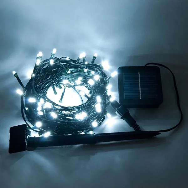 LED venkovní solární světýlka na zahradu, 5 m, ledově bílá, 50 diod, černý kabel, IP44, solární panel
