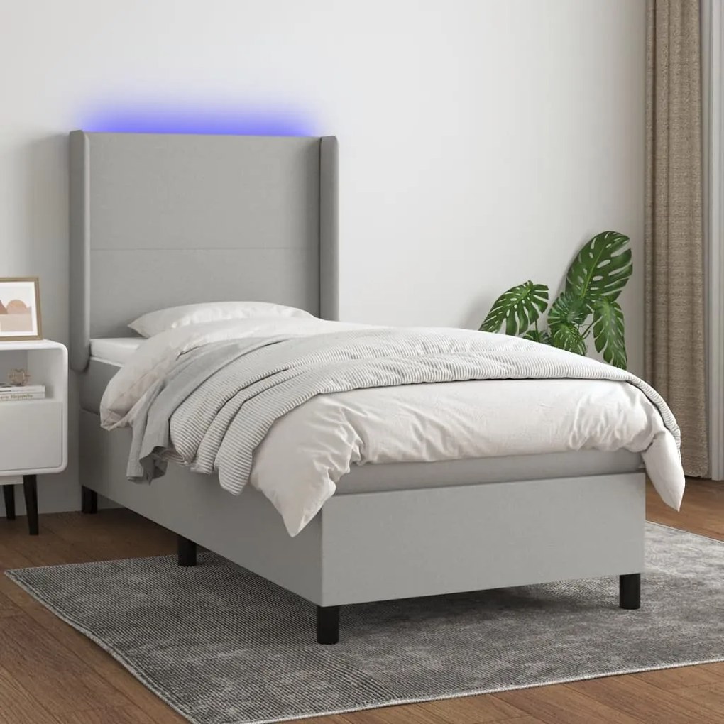Box spring postel s matrací a LED světle šedá 100x200 cm textil