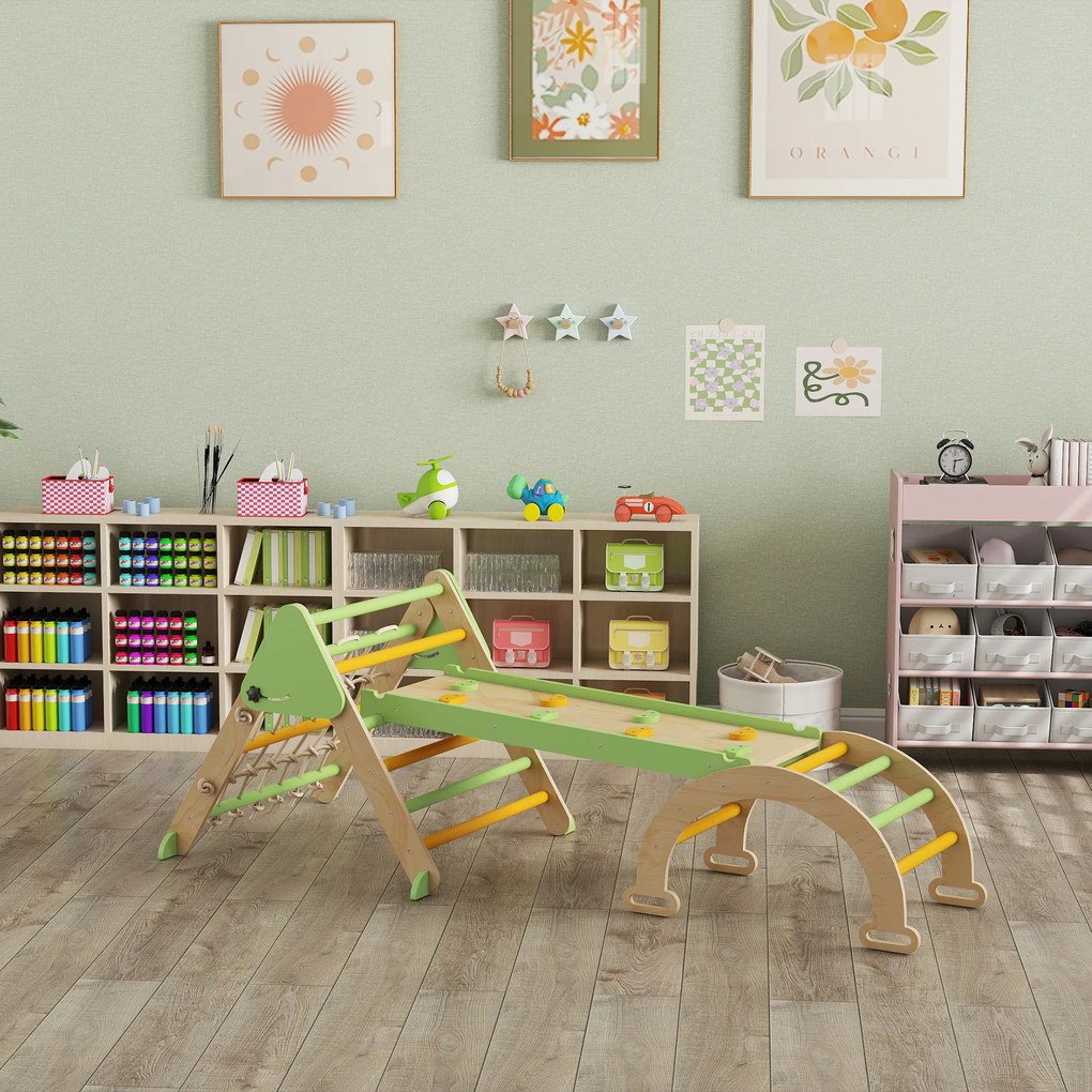 montessori prolézačka 8 v 1 vnitřní dřevěný lezecký trojúhelník s lezeckým obloukem, oboustranná skluzavka, zelená barva