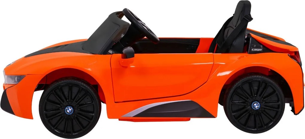 Ramiz Elektrické autíčko BMW i8 Lift oranžové + dálkové ovládání + pomalý rozjezd + 3bodové pásy + MP3 USB + LED