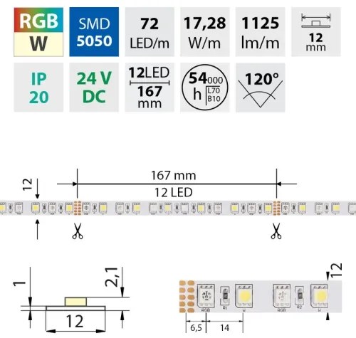 LED pásek McLED 24V RGBW CW studená bílá 12mm IP20 17,3W/m ML-128.632.60.0 (5m)