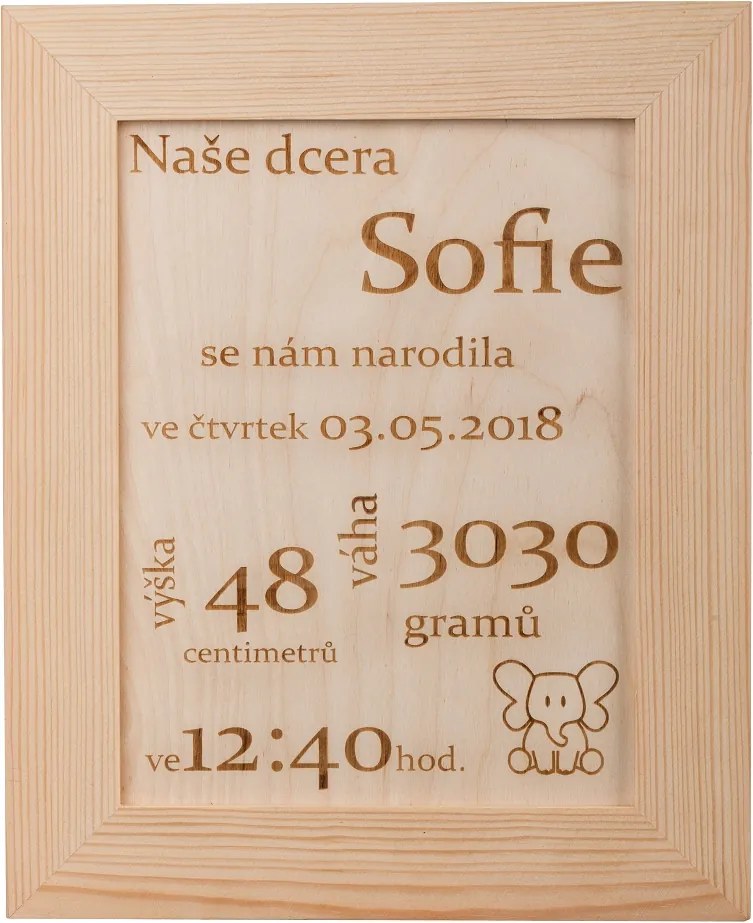 Dřevobox Dřevěný rámeček s údaji novorozence na míru