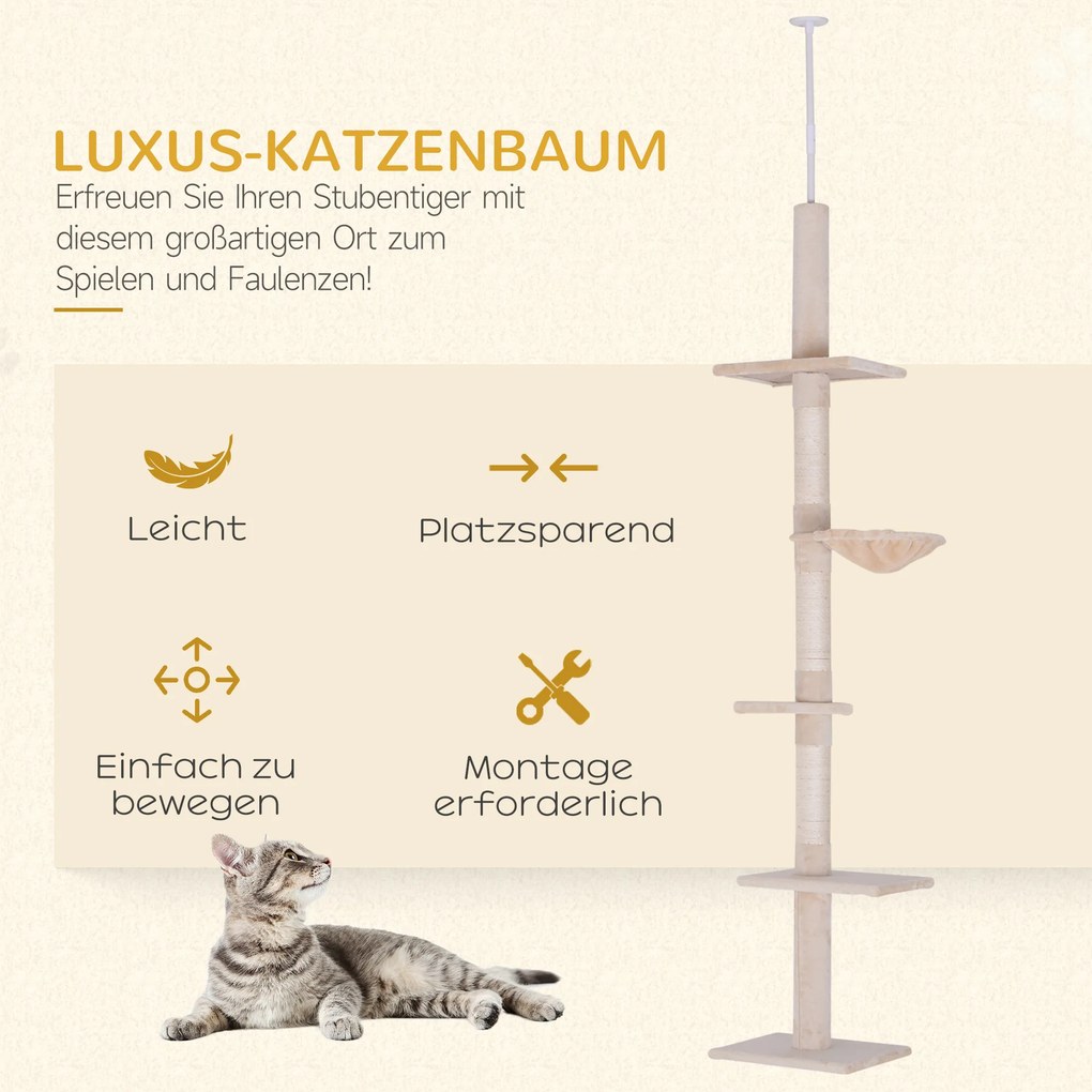 PawHut škrabadlo stropní, H230-260 cm, výškově nastavitelný strom pro kočky, stabilní, béžový| Aosom