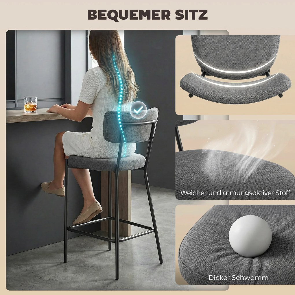 HOMCOM sada 2 barových stoliček — čalouněné, zakřivené opěradlo, opěrka na nohy, kovový rám, vzhled lnu, výška sedáku 63 cm, šedé