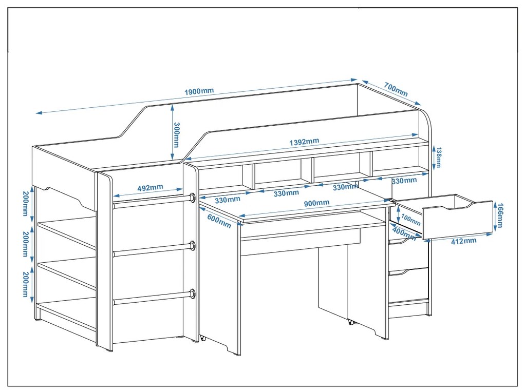 Vomaks unit, s.r.o. Patrová postel LEGENDA, 70 x 190 cm, s psacím stolem, komodou a regály Barva: dub sonoma + bílá