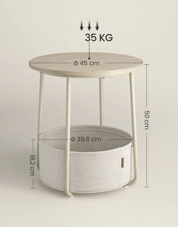 Krémový příruční stolek s odkládacím košem SALMA Ø 45 cm