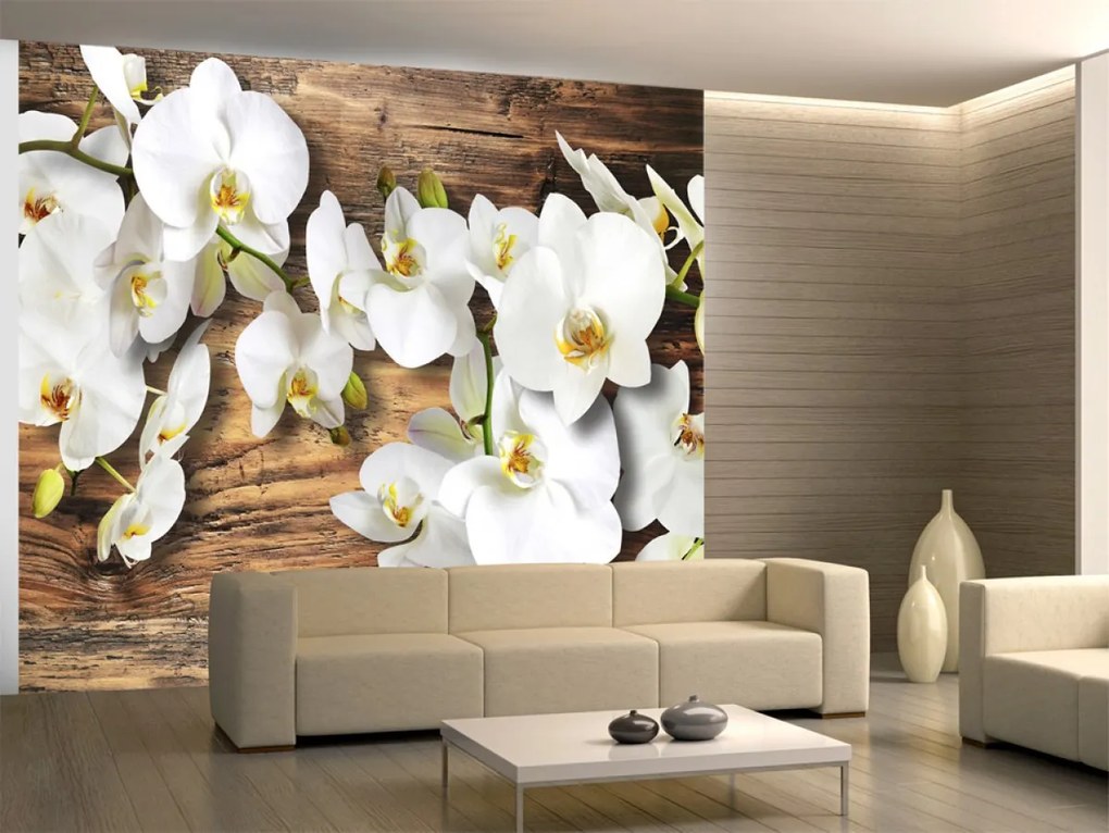 Fototapeta orchidej na dřevě + lepidlo ZDARMA Velikost (šířka x výška): 150x116 cm