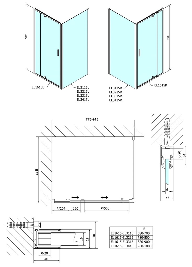Polysan EASY LINE obdélník/čtverec sprchový kout pivot dveře 800-900x900mm L/P varianta EL1615EL3315