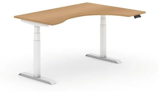 Výškově nastavitelný stůl, elektrický, 625-1275 mm, ergonomický pravý, deska 1600x1200 mm, buk, bílá podnož