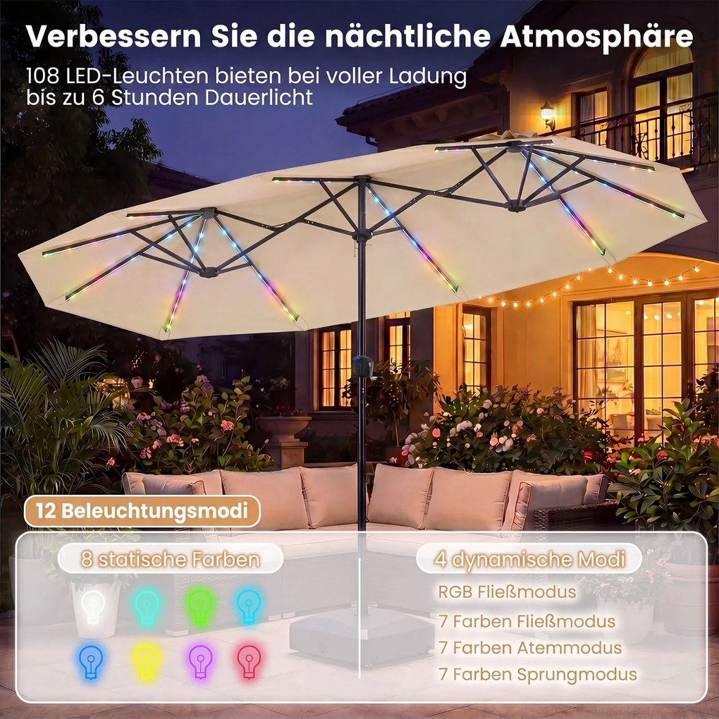 Costway Dvojitý slunečník s LED osvětlením obdélníkový – 400 × 210 cm, béžový