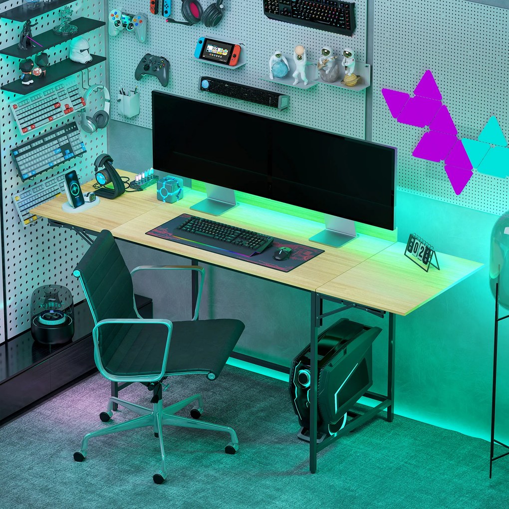 HOMCOM Sklápěcí počítačový stůl se 2 vysouvacími deskami, hodně místa pro monitory, kovové nohy, robustní konstrukce, dub+černá