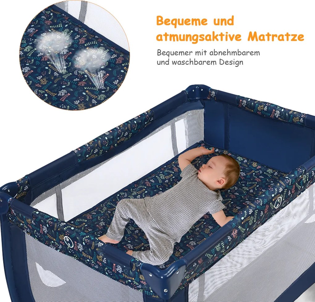 Costway 2 v 1 Cestovní postýlka a ohrádka – 125 × 65 × 76 cm, modrý