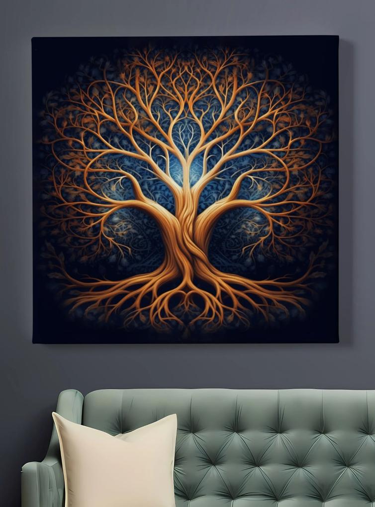 Obraz na plátně - Zlato modrý strom života na černém pozadí FeelHappy.cz Velikost obrazu: 100 x 100 cm