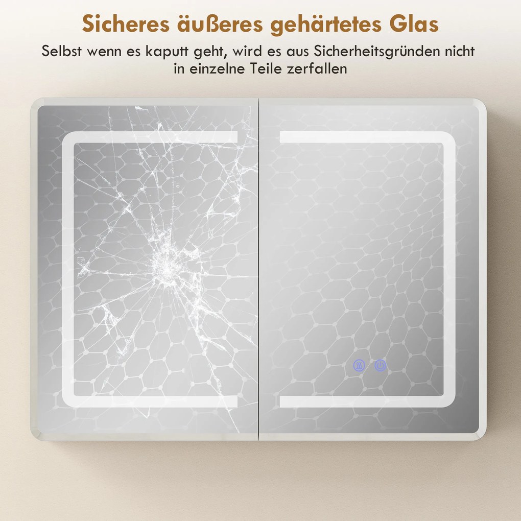 HOMCOM Zrcadlová skříňka do koupelny s LED osvětlením, 60 x 80 cm koupelnová skříňka s protimlžnou, 3-cestnou stmívatelnou