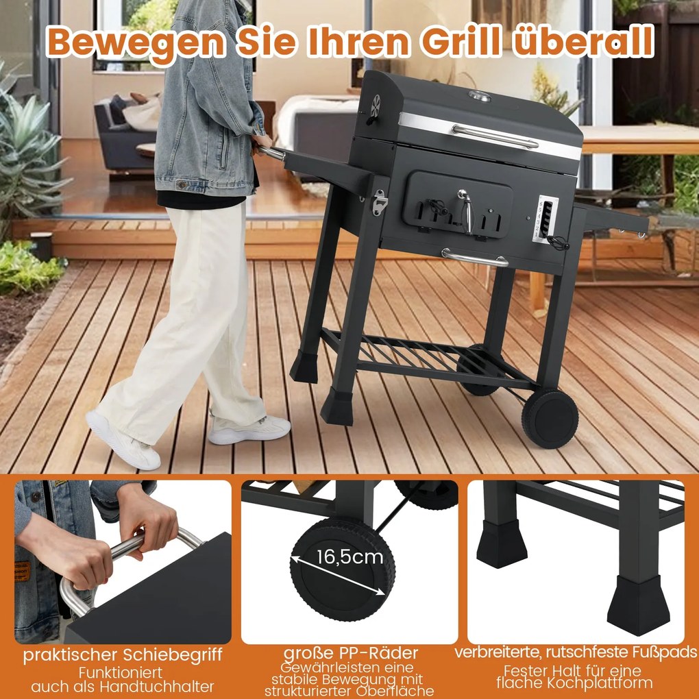 Costway Sudový gril na dřevěné uhlí s 2 sklopnými bočními stolky Venkovní gril