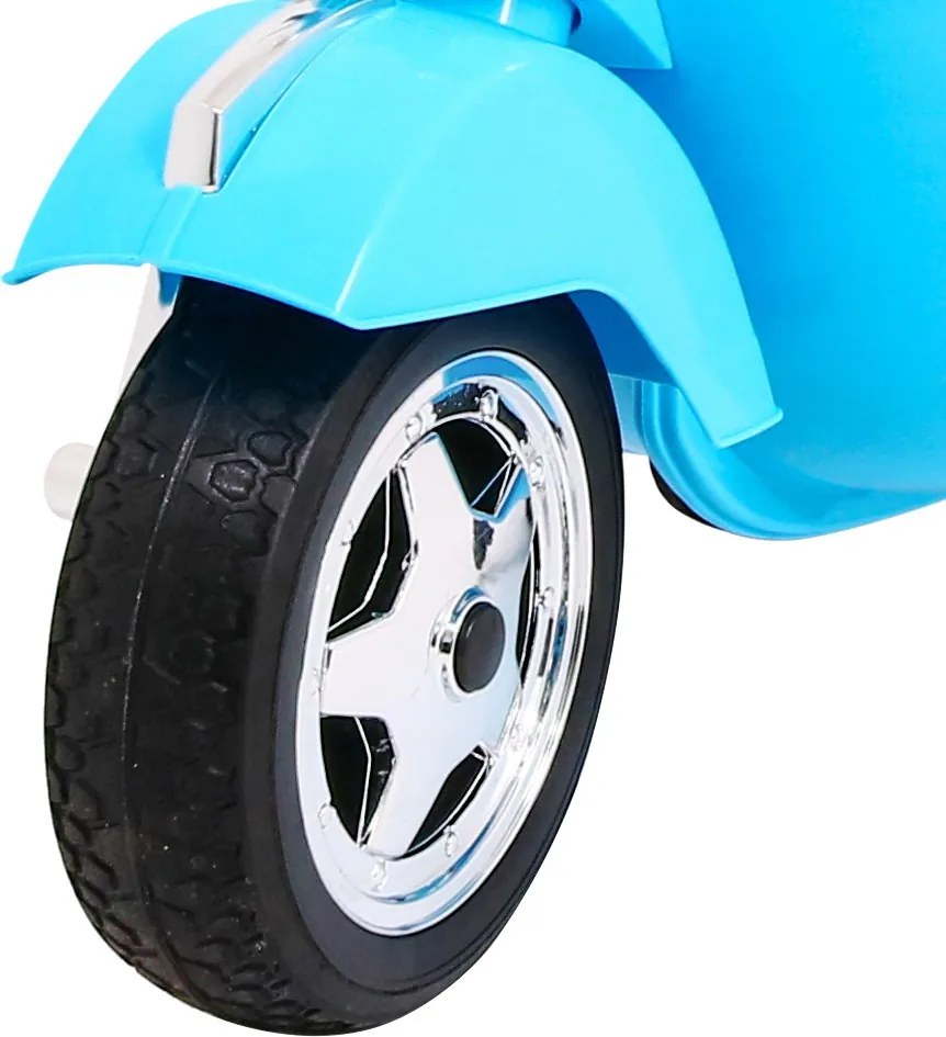 Ramiz Elektrický skútr Vespa pro děti modrý + pomocná kolečka + audio + ekokůže + EVA + plynulý start