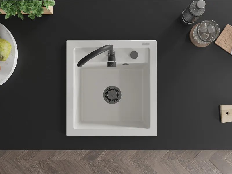 Mexen Vito, granitový dřez 520x490x210 mm, 1-komorový, bílá s černým sifonem, 6503521000-20-B