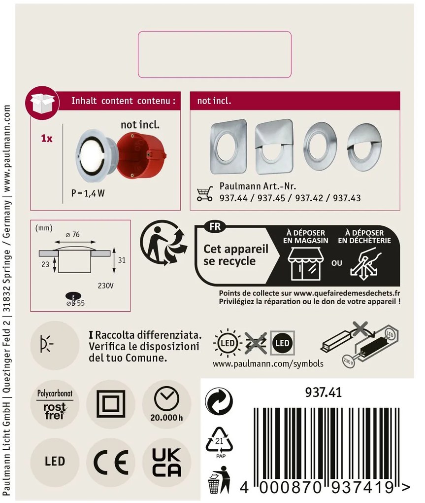 Paulmann 93741 Special Line IP65 Downlight Basic, zápustné svítidlo do krabice KU68, 1x1,4W LED, 4000K, prům. 7,6cm