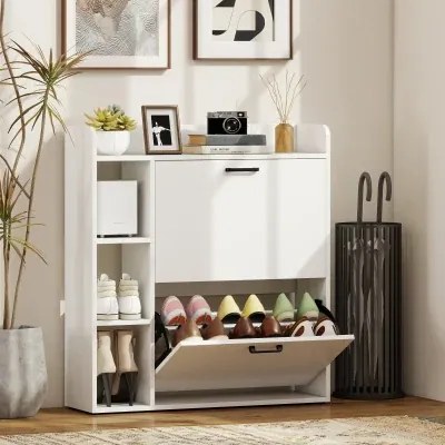 HOMCOM Slim botník se 2 sklápěcími přihrádkami a 3 otevřenými přihrádkami, kapacita 15 bot, 83x24x90,5 cm, bílá