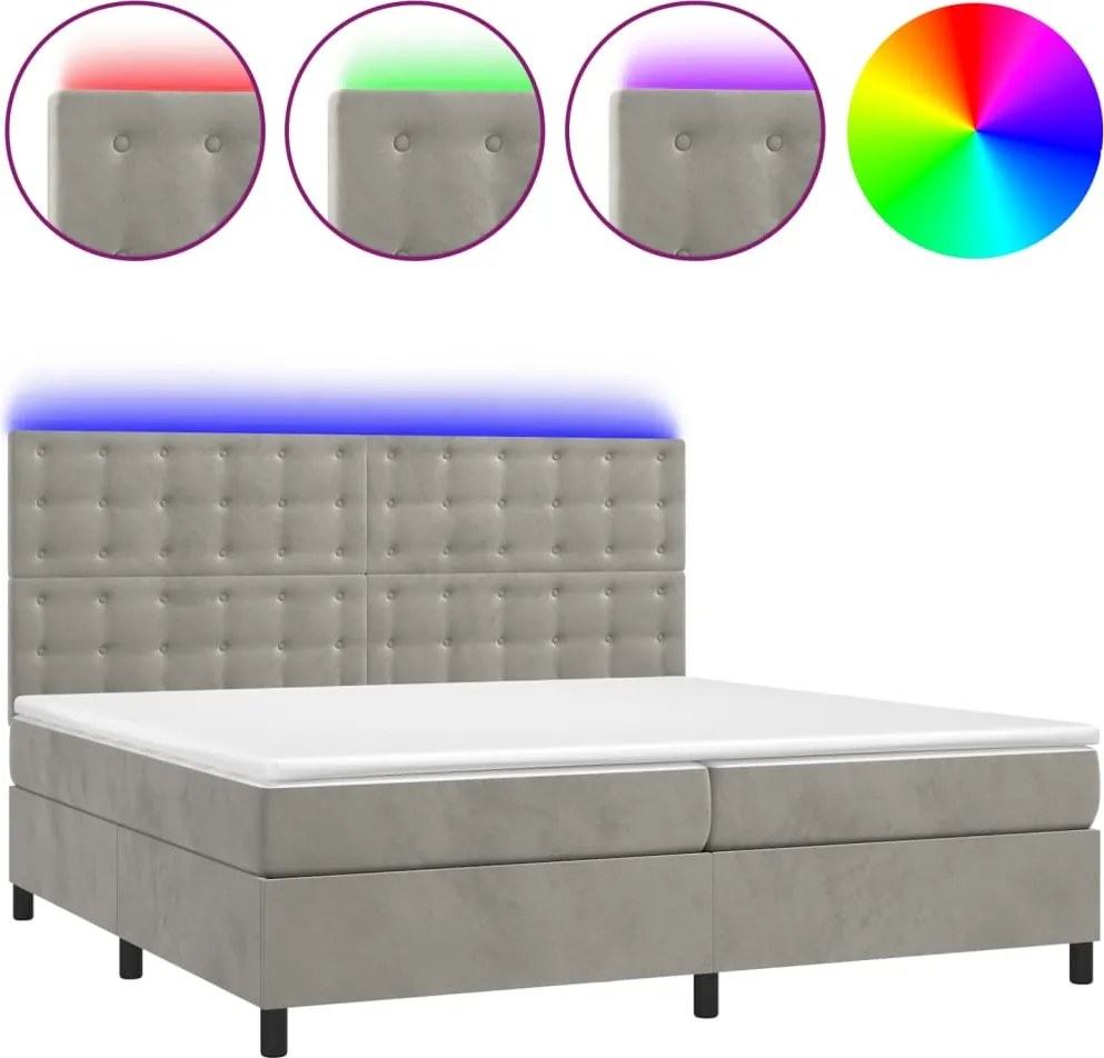 Box spring postel s matrací a LED světle šedá 200x200 cm samet 3136383