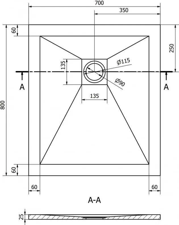 Mexen Stone+, obdélníková vanička z minerálního kompozitu 80 x 70 cm, bílá, bílá krytka, 44107080-W