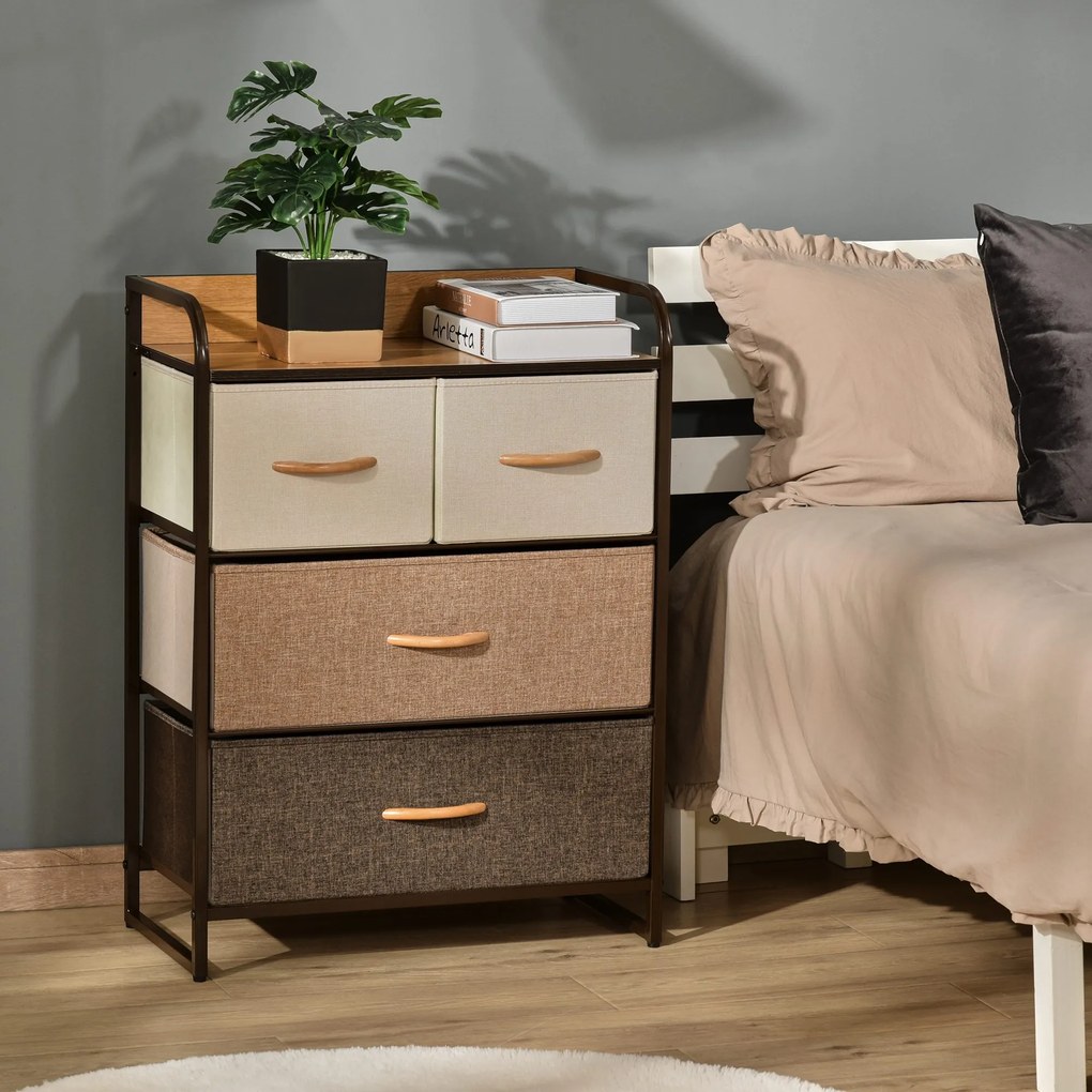 HOMCOM Textilní Komoda se 4 Skládacími Zásuvkami, Dřevěný Vrchní Plocha a Kovový Rám pro Obývací Pokoj 58x29x78,5 cm Vícebarevná