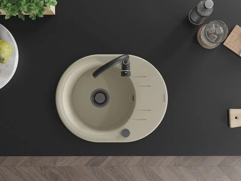 Mexen Kevin, granitový dřez 586x458x190 mm, 1-komorový, béžová s černým sifonem, 6517581005-69-B