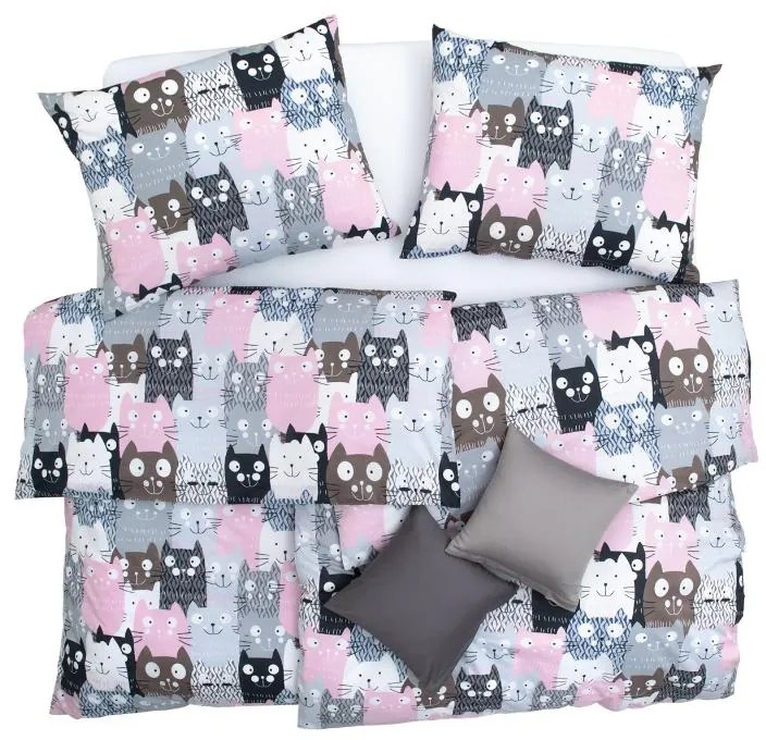 SCANquilt povlečení KLASIK DESIGN multi cats šedorůžová 140 x 220/70 x 90 cm