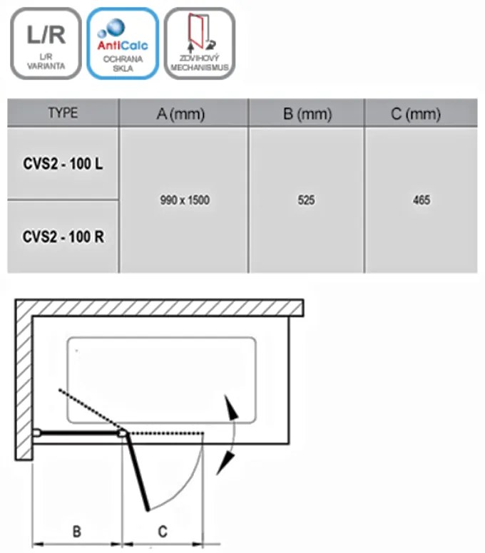 Ravak Vanová zástěna dvoudílná satin,     CVS2-100 LEVÁ   TRANSPARENT   7QLA0U00Z1 CVS2-100 LEVÁ   TRANSPARENT