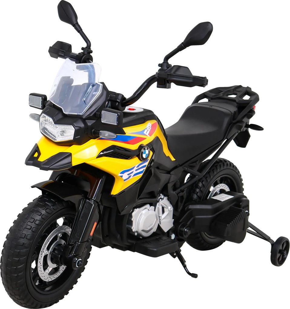 Ramiz Dětská motorka na baterie BMW F850 GS žlutá + pomocná kolečka + audio LED + pomalý start + EVA