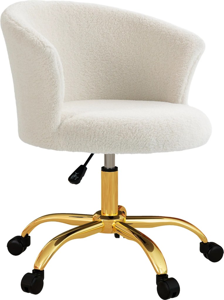 Ergonomická kancelářská židle Vinsetto Teddy Fleece, kosmetická židle, otočná židle s nastavitelnou výškou, polstrované sedadlo a zlatý ocelový rám, p