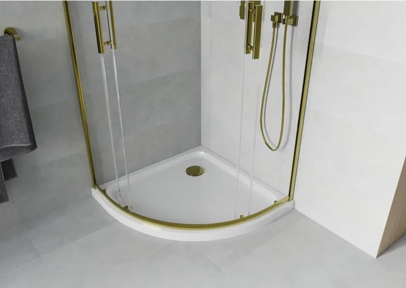 Mexen Rio sprchový kout půlkruhový 90 x 90 cm, transparentní, zlatý + vanička Flat, bílá - 863-090-090-50-00-4110G