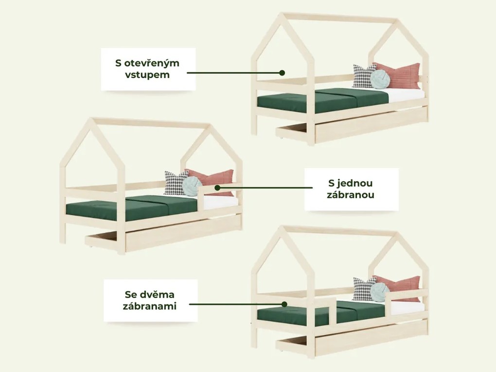 Benlemi Dětská dřevěná postel domeček SAFE 3v1 se zábranou a úložným šuplíkem Zvolte barvu: Béžová, Zvolte rozměr: 120x200 cm, Zvolte zábranu: S jednou zábranou