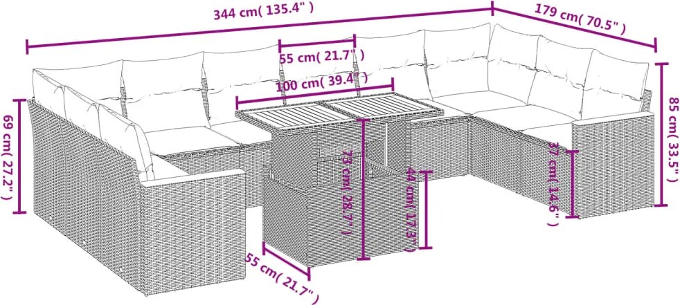 11dílná zahradní sedací souprava s poduškami šedá polyratan 3273251