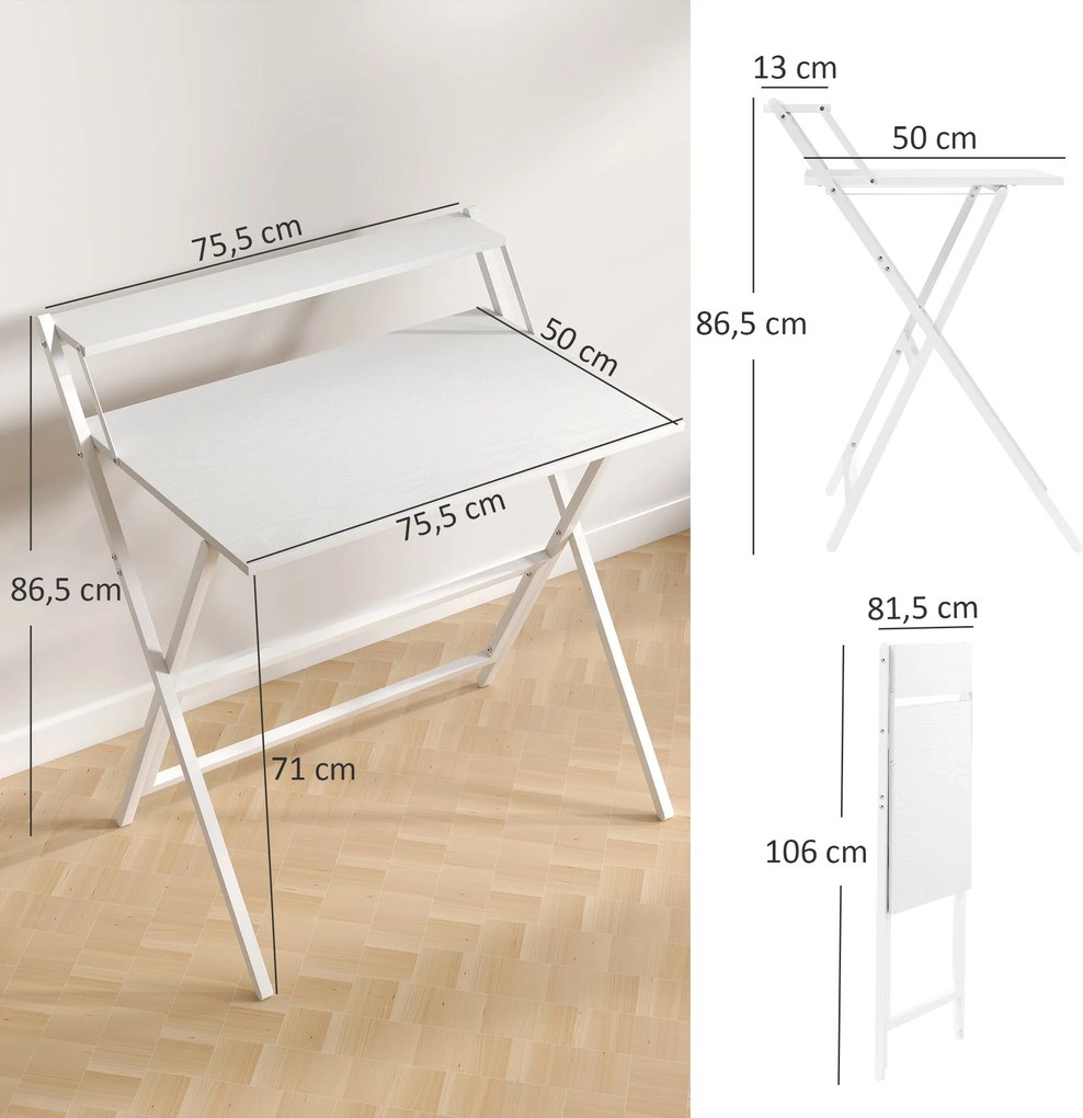 HOMCOM Skládací Počítačový Stolek 75,5 x 50 cm se Skladovací Policí, Psací Stůl do Ložnice, pro Malé Prostory, Bílá