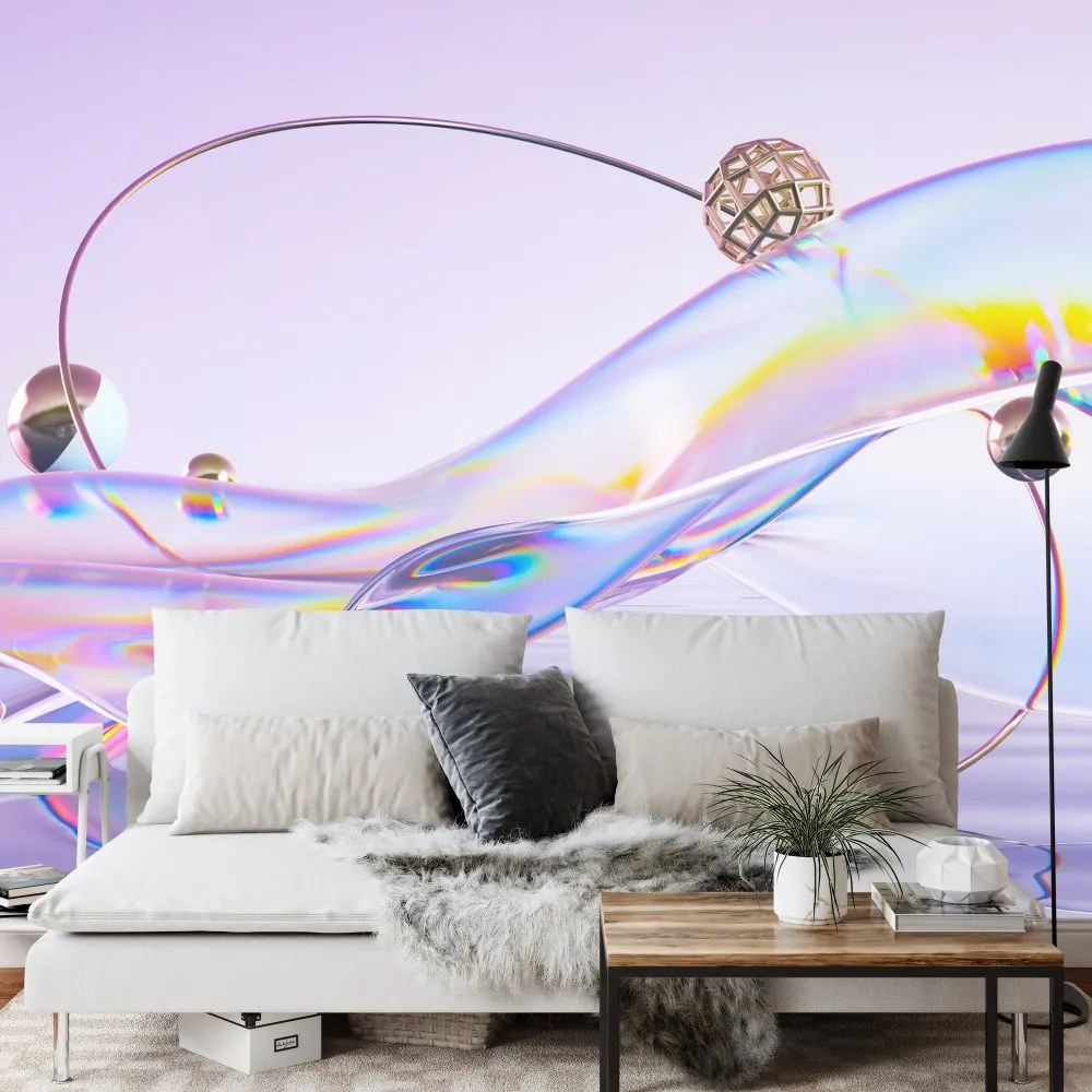 Fototapeta Abstract 3D Render. Glass Ribbon On Water With Geometric Circle And Spheres. Holographic Shape In Motion. Iridescent Digital Art For Banner Background, Wallpaper. Transparent Glossy Design Element. Samolepící tapety 368x280