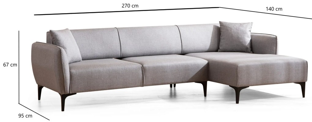 HANNAH HOME Rozkládací šedá pohovka BELISSIMO s lenoškou vpravo 560ARE1804