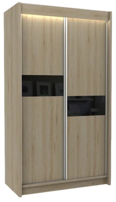Skříň s posuvnými dveřmi LIVIA + Tichý dojezd, 120x216x61, sonoma/černé sklo