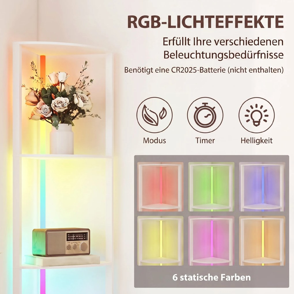 HOMCOM LED stojací lampa, 5stupňově stmívatelná lampa s policí, RGB měnění barev, dálkové ovládání B31-552V90WT