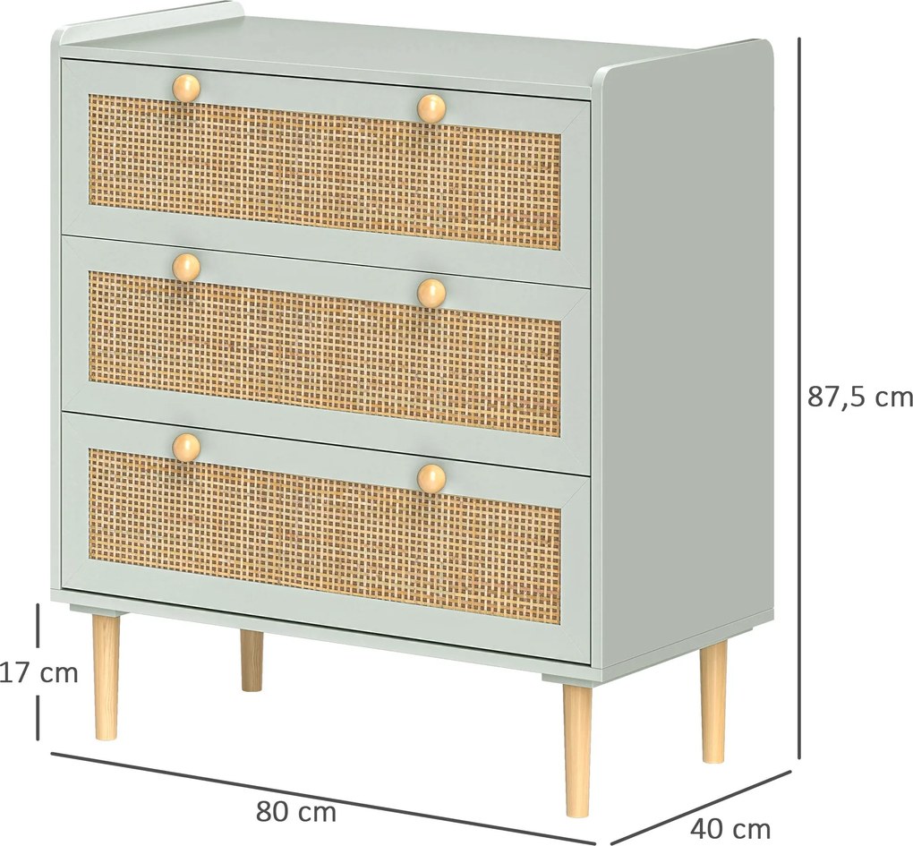 HOMCOM Komoda se 3 zásuvkami v bohémském stylu s dřevěným rámem, ratanová komoda do ložnice, obývacího pokoje a předsíně, 80 x 40 x 87,5 cm, olivově z