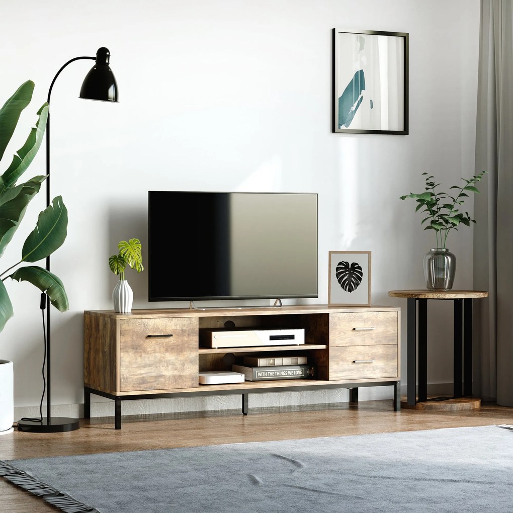 HOMCOM Dřevěný TV Stojan pro Televize do 50 Palců se 2 Zásuvkami a 2 Policemi, Správa Kabelů pro Obývací Pokoj, Jídelnu a Ložnici, 132 x 39 x 45.5 cm…