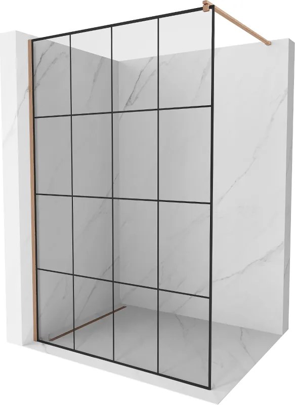 Mexen Kioto, sprchová zástěna Walk-In 150 x 200 cm, 8mm čiré sklo černý vzor, ​​měděný matný profil, 800-150-101-65-77