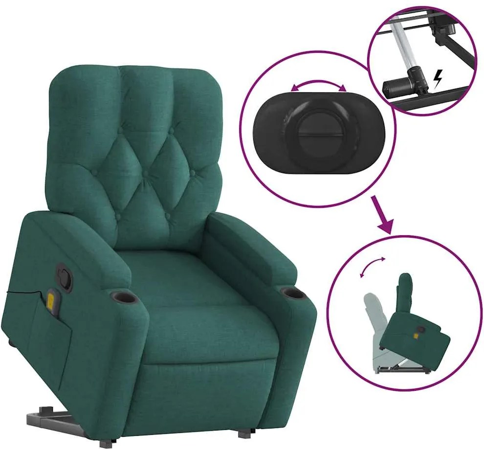 Zvedací masážní polohovací křeslo tmavě zelené textil 3204728