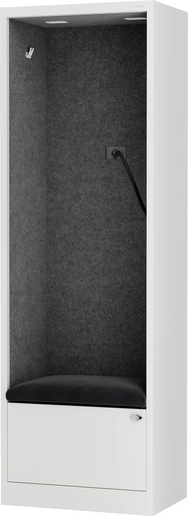 Kancelářská akustická kabina se sedátkem a USB-C portem, korpus bílý / sedák tmavě šedá, 600 mm: SALLY MentalBox