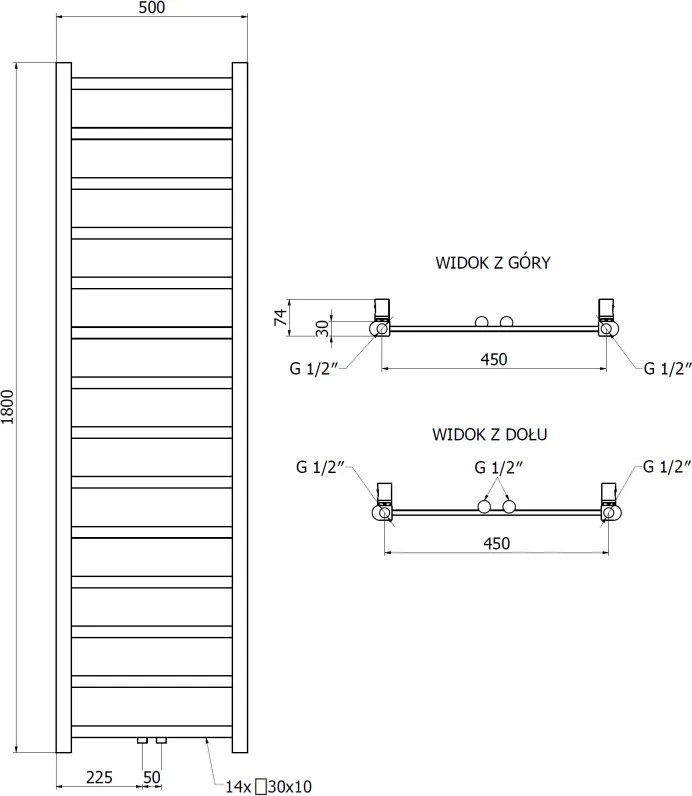 Mexen Bolt, topné těleso 1800 x 500 mm, 460 W, spodní a středové, černá, W126-1800-500-00-70