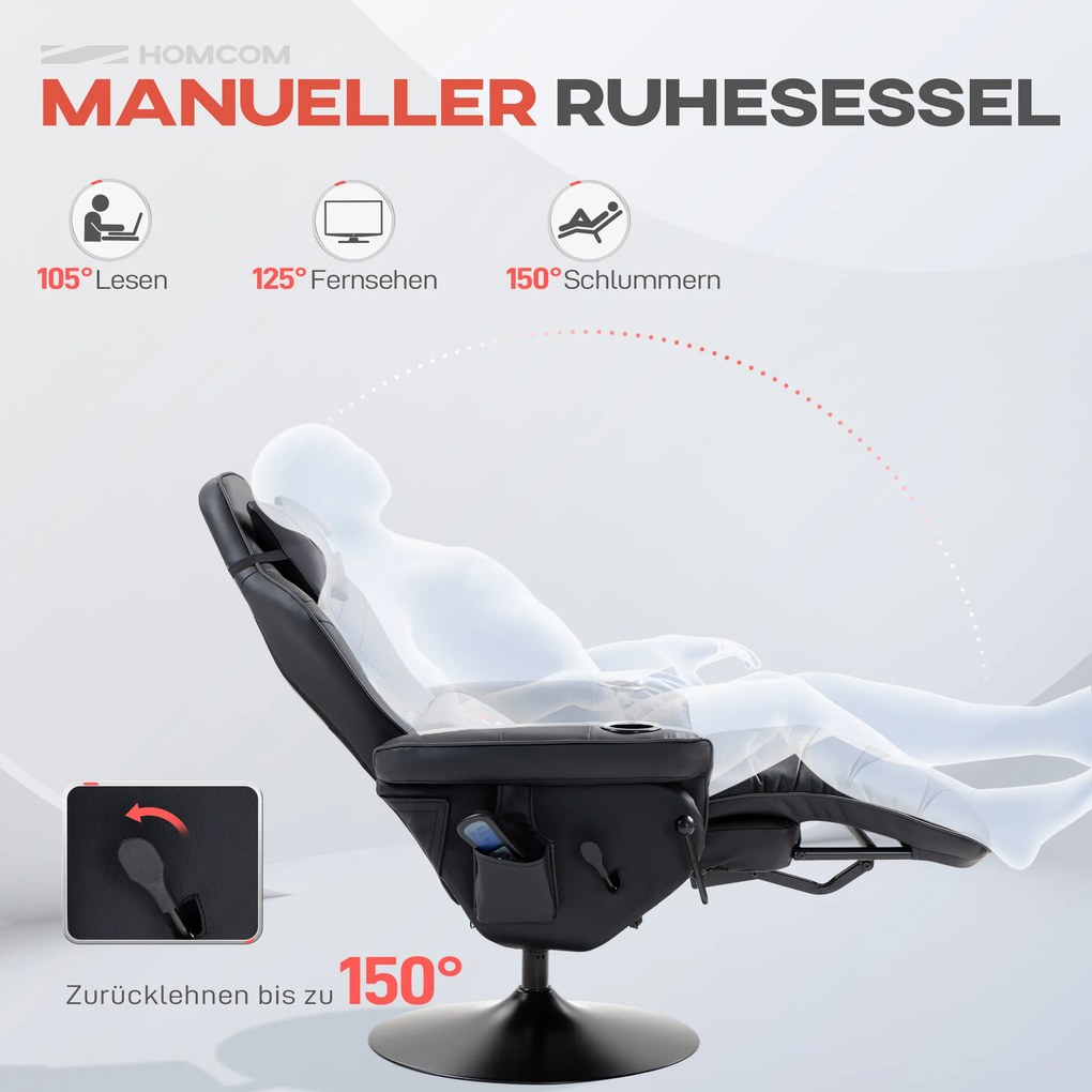 HOMCOM Herní židle s masáží, otočná o 360°, 6 masážních bodů, podnožka, odnímatelná opěrka hlavy, imitace kůže, 79.5 x 82.5 x 111.5cm, černá